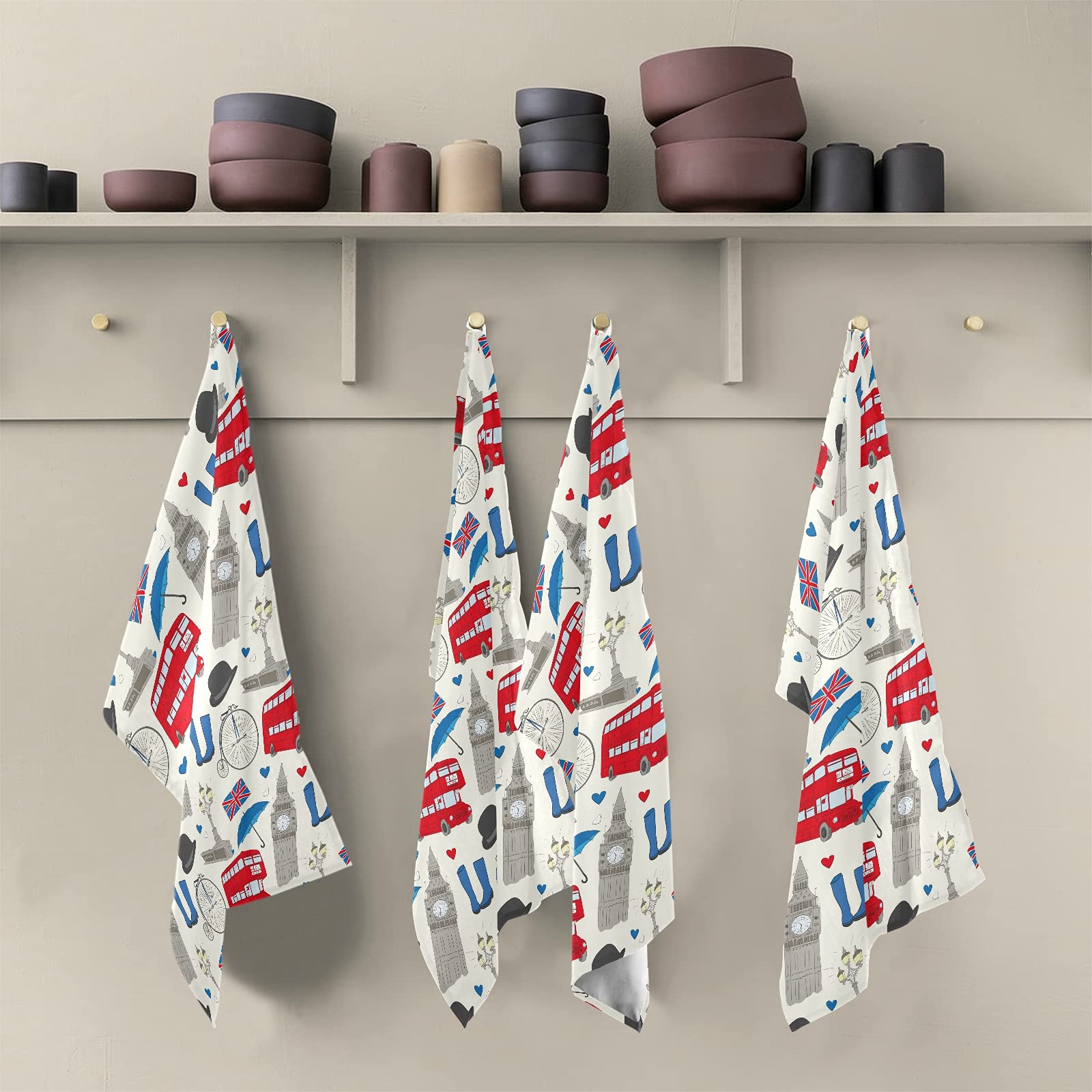 ALAZA Cartoon Big Ben Bus British Flag Kitchen Towels Dish Bar Tea Towel Dishcloths Set of 4 Super Absorbent Soft 18 x 28 inches