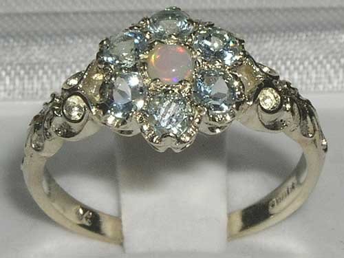 925 Sterling Silver Real Genuine Opal and Aquamarine Womens Anniversary Ring - Size 8