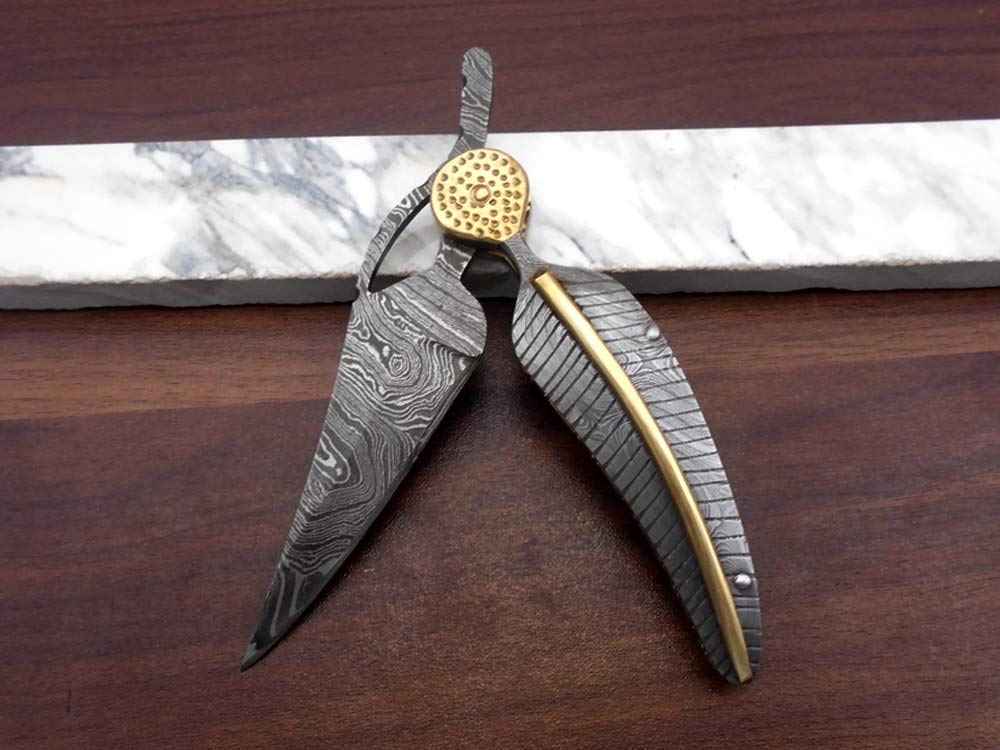 8" hand forged Damascus steel leaf folding pocket knife custom made, Engraved Damascus scale with bras art work cow leather sheath (Damascus) (Full Damascus)