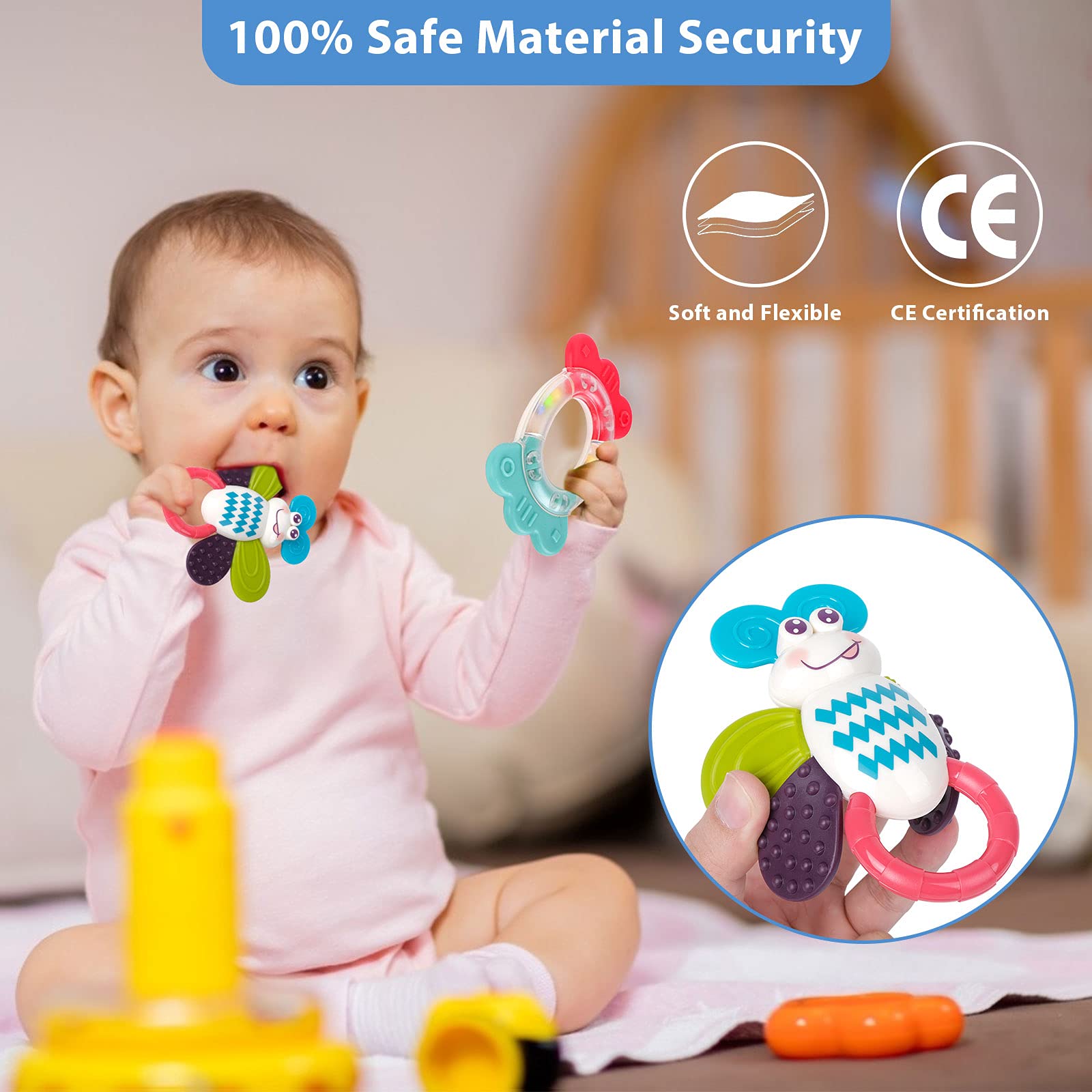 DAMEING Baby Rattle Teething Toys, Infant Sensory Teethers Toy Set, Musical Shaker Grab and Spin Early Educational Newborn Toys for 0 3 6 9 12 Months Babies Boy Girl
