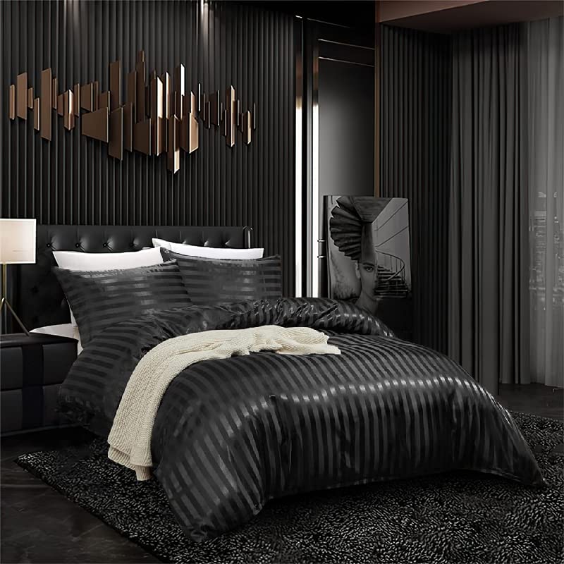 Sisher 5Pcs King Comforter, Stripe Silk Bedding Sets for Man Woman, Luxury Rich Black Bed in a Bag King (1 Comforter, 2 Pillowcases, 1 Flat Sheet, 1 Fitted Sheet)