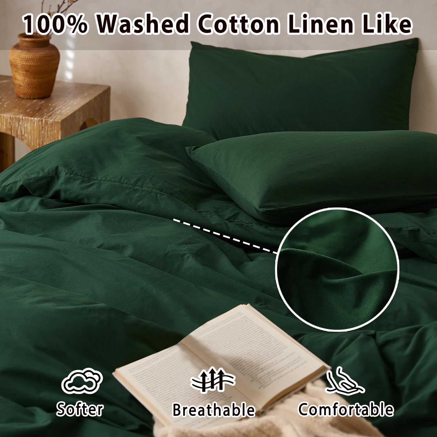 TOCOMOA Duvet Cover Set King Size, 100% Washed Cotton Like Linen Textured, 3 Piece Dark Green Bedding Set Soft Breathable, Ideal for Sweating Groups, Simple Style Farmhouse Comforter Cover