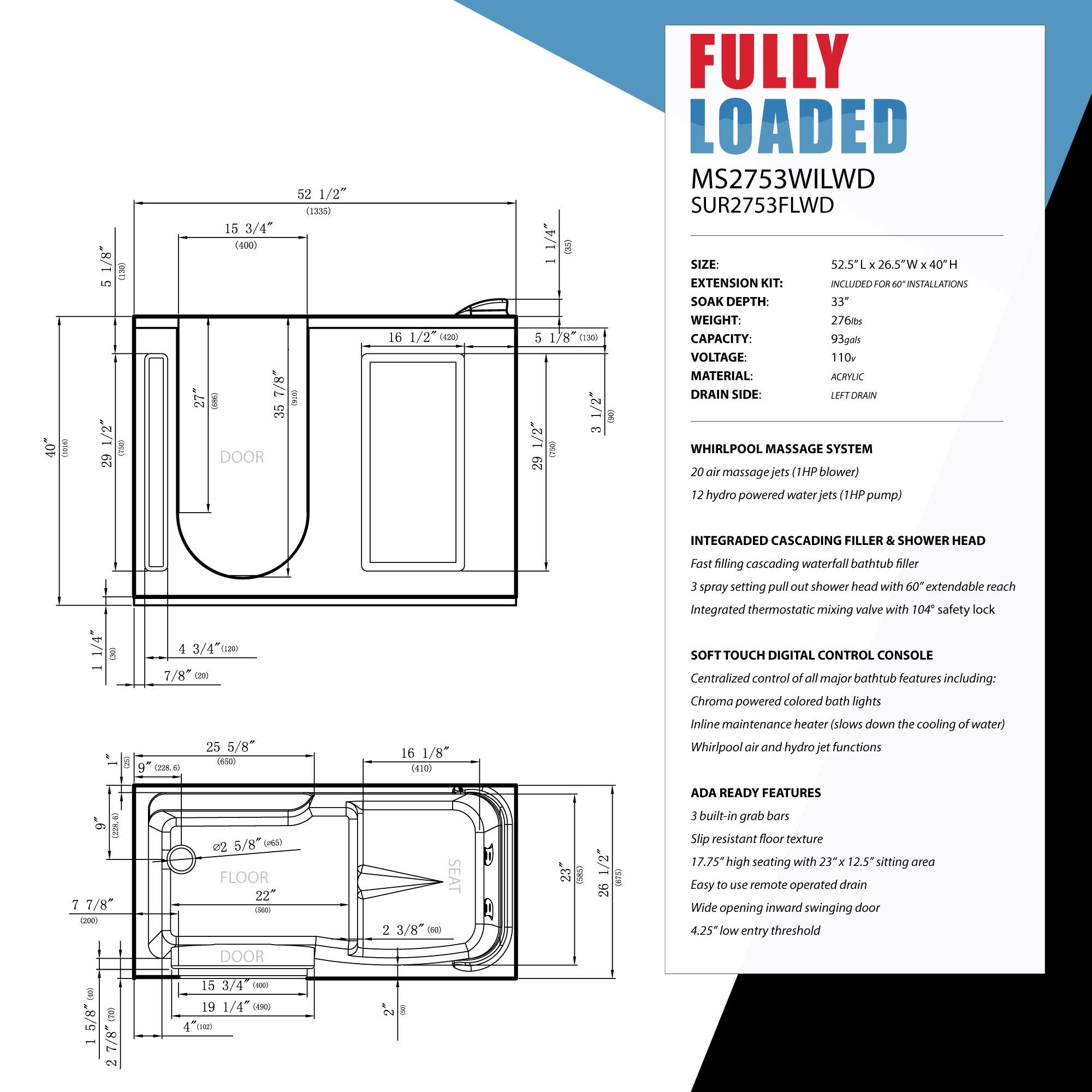 ANZZI Walk-in Bathtub 27'' x 53'' Left Drain Fully Loaded, Air Jets & Whirlpool Massage Jets, Hot Tub, Quick Fill, 6 Setting Handheld Shower Sprayer, Aromatherapy, Bath Pillow, LED Lights 2753FLWL