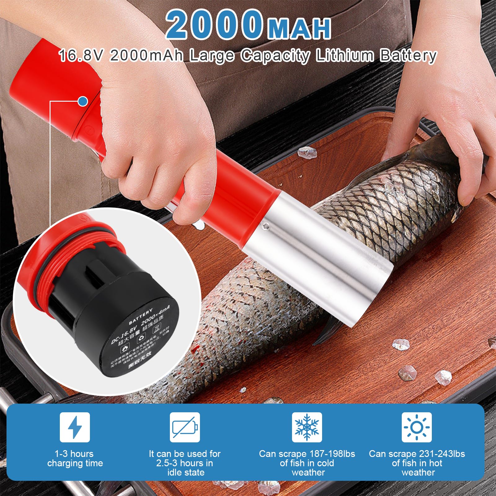Electric Fish Scaler Scraper Remover, Powerful Cordless Fish Scale Descaler Cleaning Tool with Extra Battery and Blade for Left-Handed and Right-Handed People Scraping Fish Scales (Red)