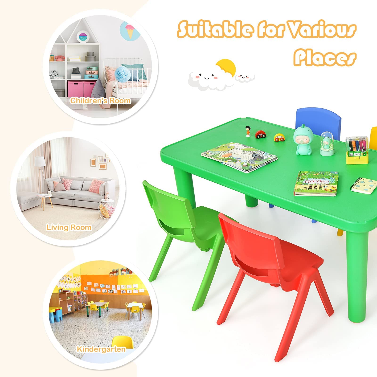 KOTEK Rectangular Kids Activity Table, Lightweight Plastic Table for Art, Craft, Homework, Snack Time, Square Children Table for Playroom, Daycare, Preschool (Green)