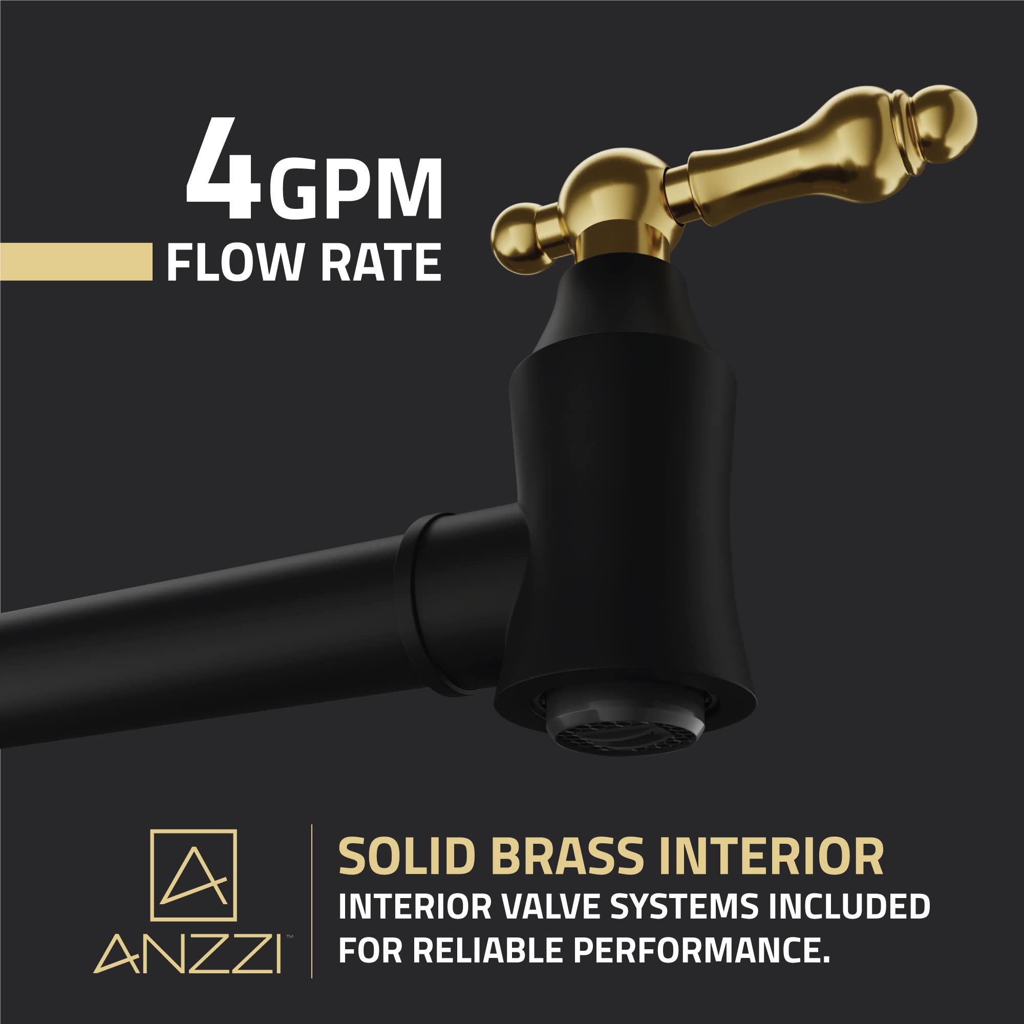 Anzzi Wall Mount Pot Filler Faucet, Double Joint Swing Arms, Single Hole, Solid Brass Interior, Stainless Steel Finish, Matte Black & Brushed Gold, 2 Handle (KF-AZ259MBBG)