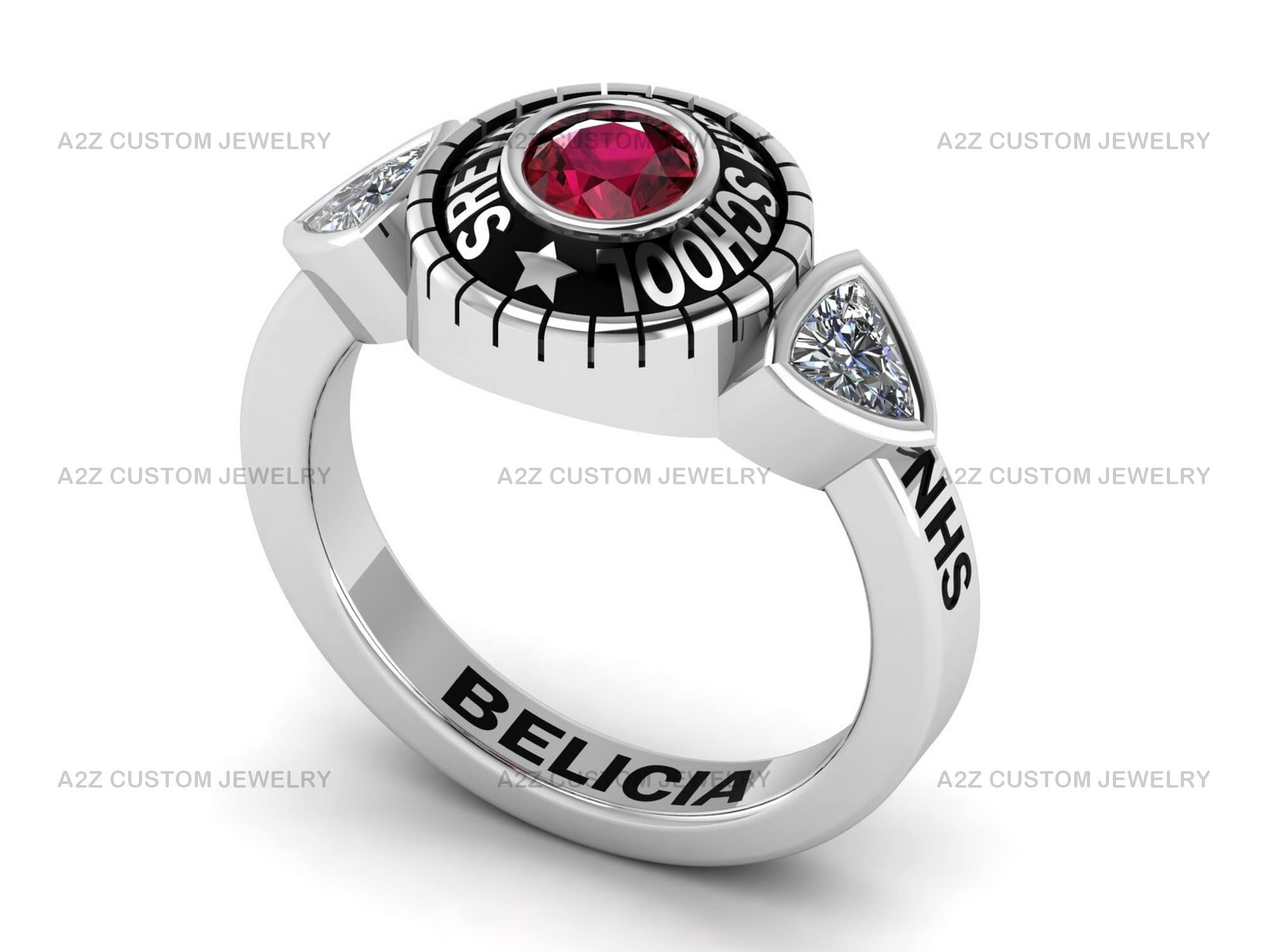 A2Z CUSTOM JEWELRY Customized Women’s High School and College ROUND CZ birthstone Class Ring | Personalized Sterling Silver with trillion moissanite accents