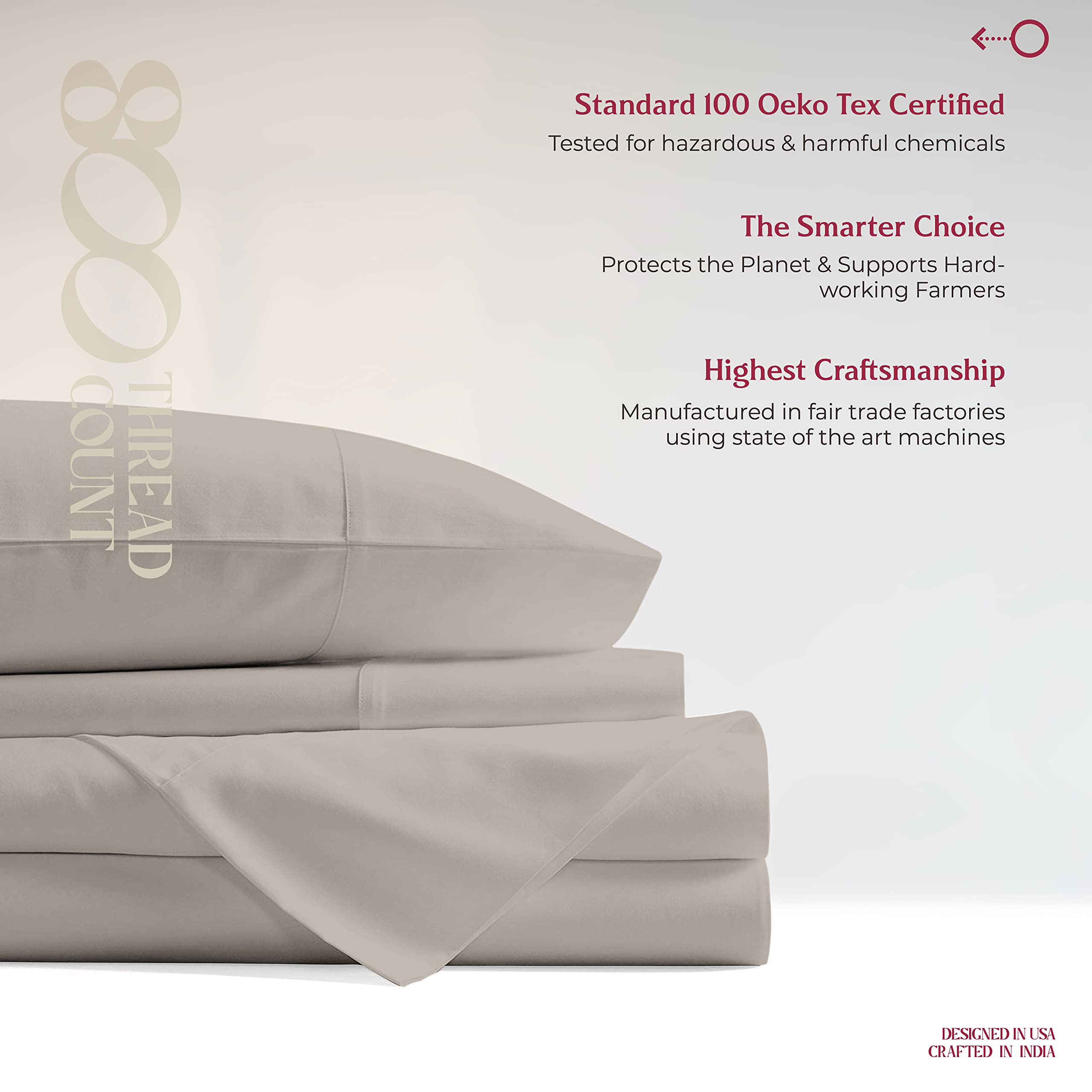800-Thread-Count Cotton Sheets - Egyptian Quality Long Staple Cotton, Sateen Weave Taupe Color Queen Sheets for Queen Size Bed, Fits Mattress Upto 16'' Deep Pocket (Packaging May Vary)
