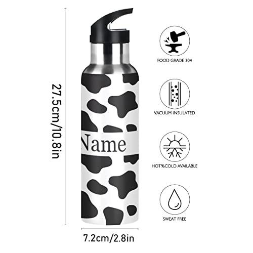 Custom Water Bottle Black and White Cow Print Stainless Steel Vacuum with Name Personalized Name Insulated Sport Bottle with Wide Handle