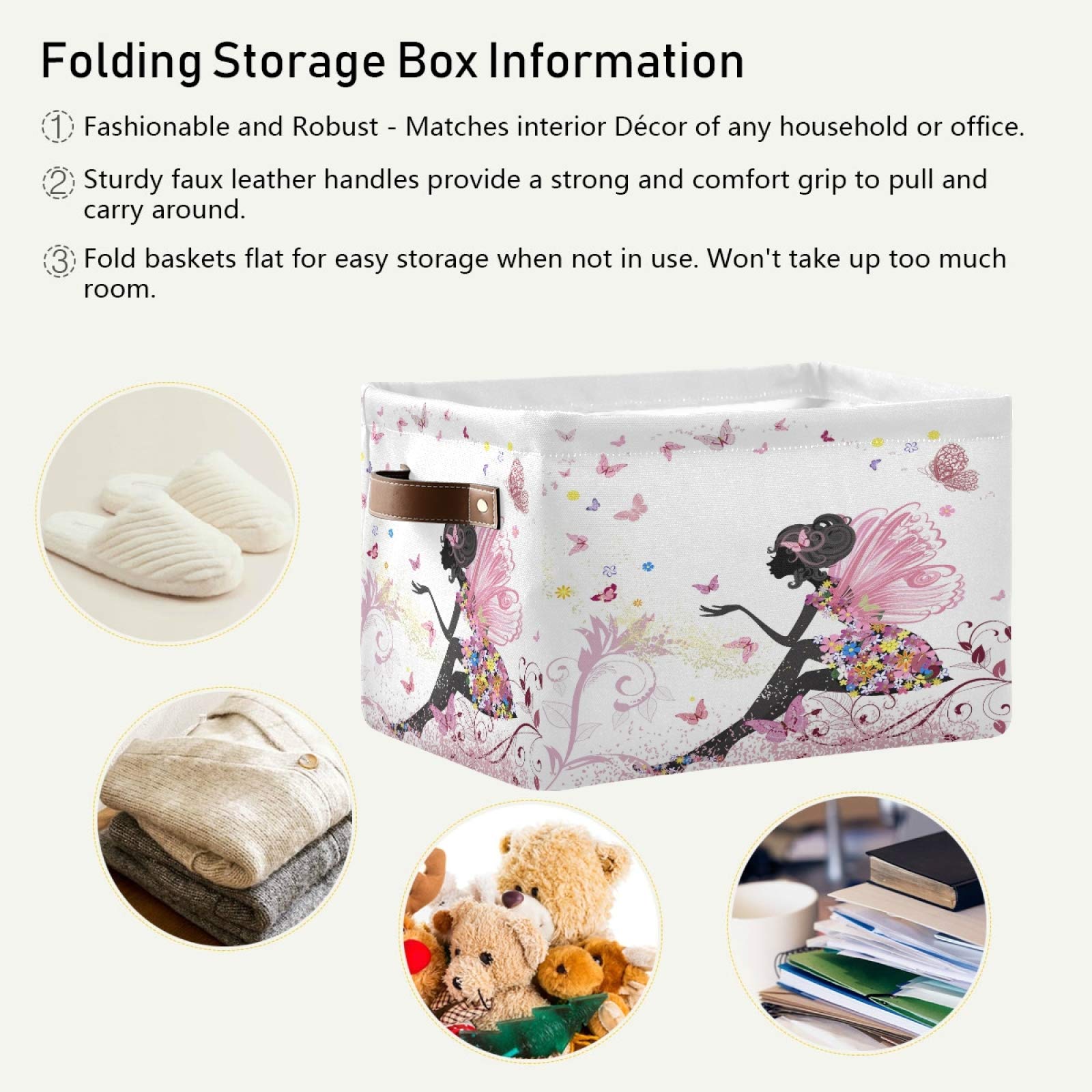 ALAZA Decorative Basket Rectangular Storage Bin, Flower Fairy in The Environment of Butterflies Organizer Basket with Leather Handles for Home Office