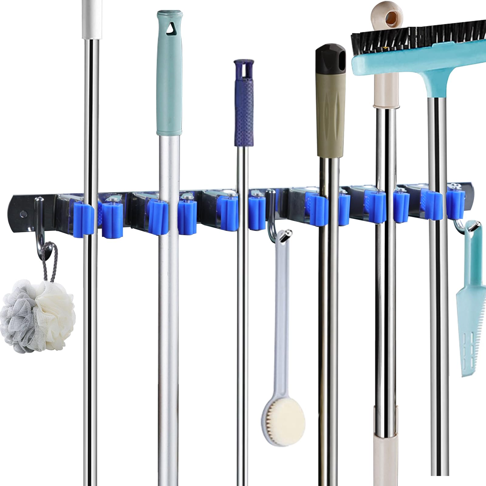 Mop Broom Holder Wall Mounted,6 Racks 3 Hooks Heavy Duty Stainless Steel Broom and Mop Hangers,Garage Storage Rack & Garden Tool Organizer, Self-adhesive/Screw Drilling