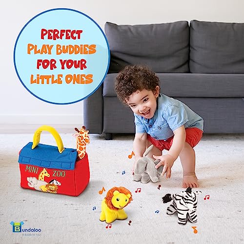 Bundaloo Plush Mini Zoo Playset - Giraffe, Elephant, Lion, Zebra - Interactive Animals, Carrier with Velcro Closure, Natural Sound Effects for Babies and Toddlers
