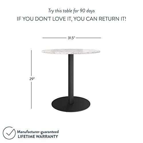 Nathan James Bistro Lucy Small Mid-Century Modern Kitchen or Dining Table with Faux Carrara Marble Top and Brushed Metal Pedestal Base, Black, 31.5D x 31.5W x 29H in