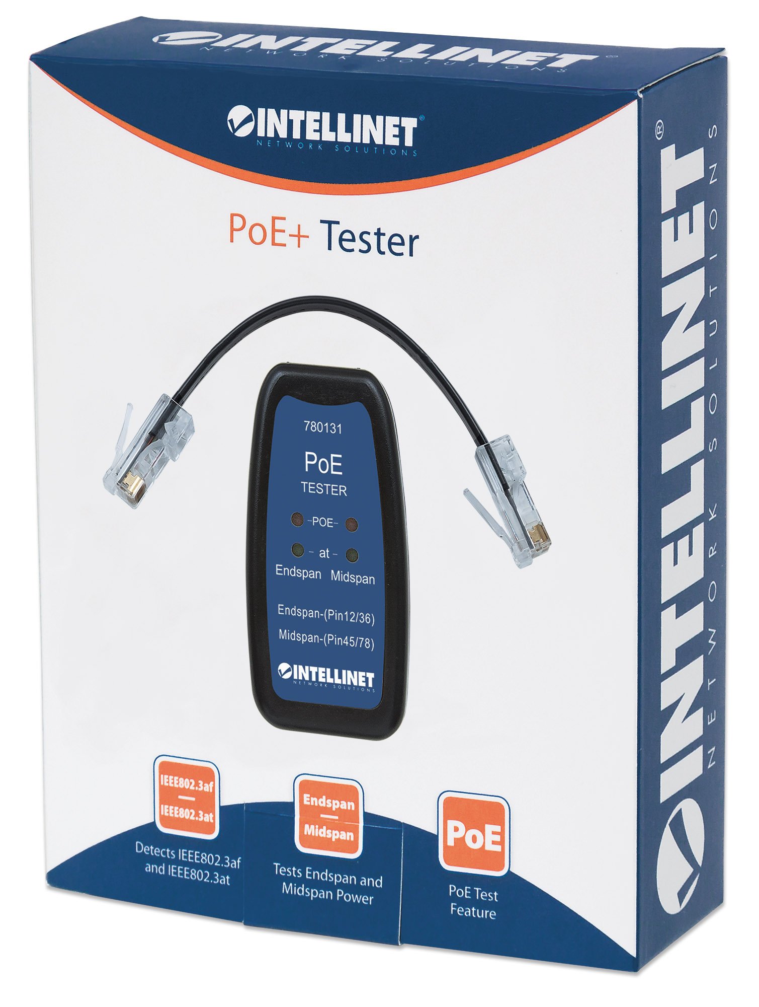 Intellinet RJ45 Poe+ Ethernet Tester β Cat6 Network Cable Checker for LAN Internet Ports, Tests Endspan Midspan Power, Detects IEEE802.3af and IEEE802.3at β 3 Yr Mfg Warranty - 780131