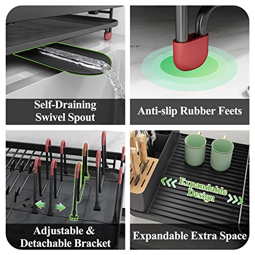 Dish Drying Rack, Expandable Dish Racks for Kitchen Counter, Multifunctional Extra Large Dish Strainers with Cutlery & Pan Holders, Extendable Anti-Rust Dish Drainers with Drainboard for Kitchenware