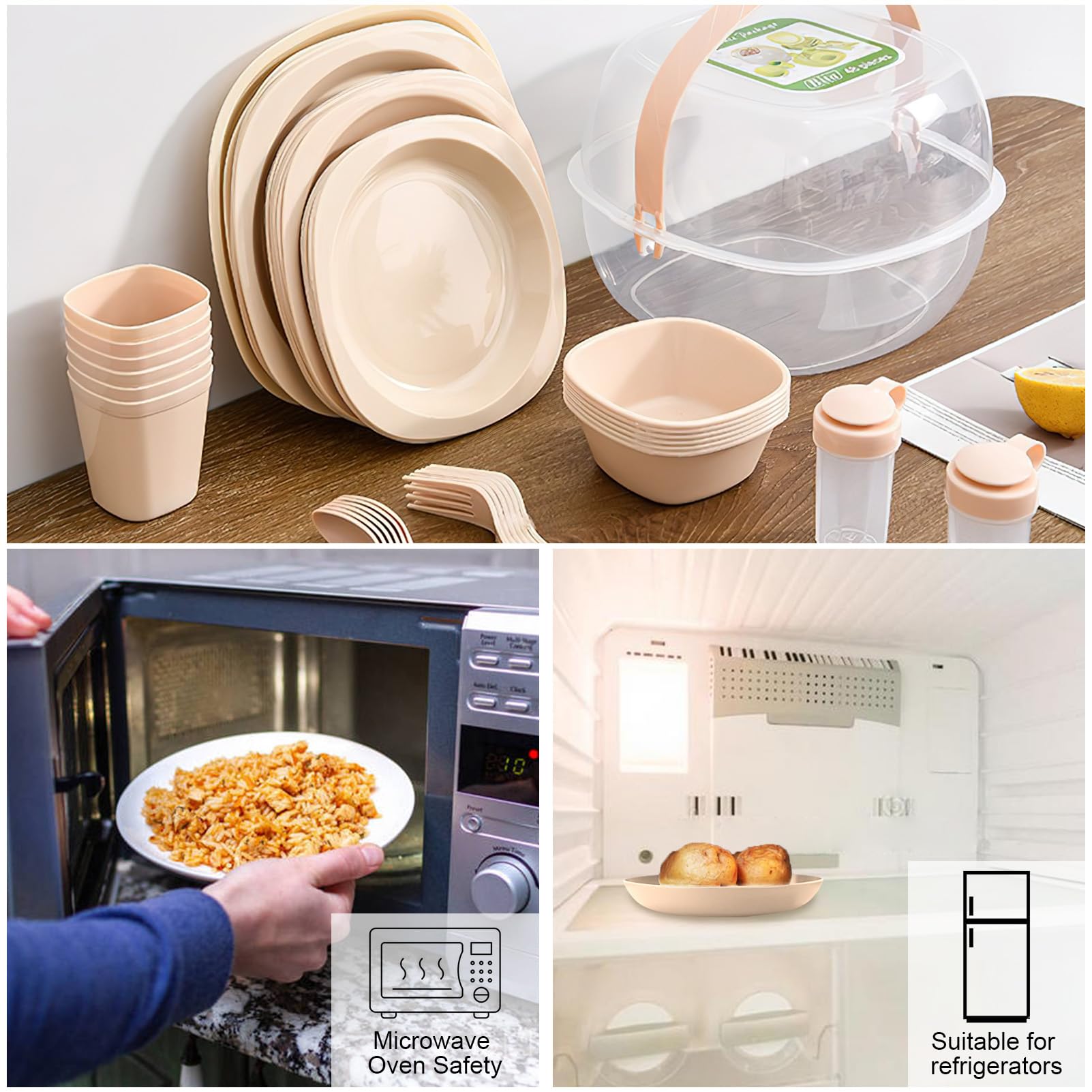 amokk 47 Pcs Plastic Cultery Sets for 6, Reusable Plates and Bowls Sets Portable Dinnerware Set for Pixcnic, Camping, Travel, Outdoor, Home Party