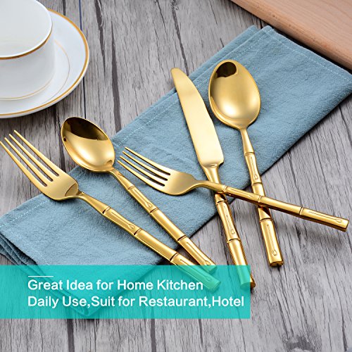 Flatasy Flatware Set Gold Silverware Set with Bamboo Pattern Mirror Polished 20 Pieces Cutlery Set Housewarming Wedding Gift Service for 4