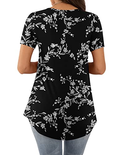 BISHUIGE Women's Casual Loose Short Sleeves Tunic Tops Lace Panel Pleated T-shirts Blouses with Leggings, M, Carved White - Black