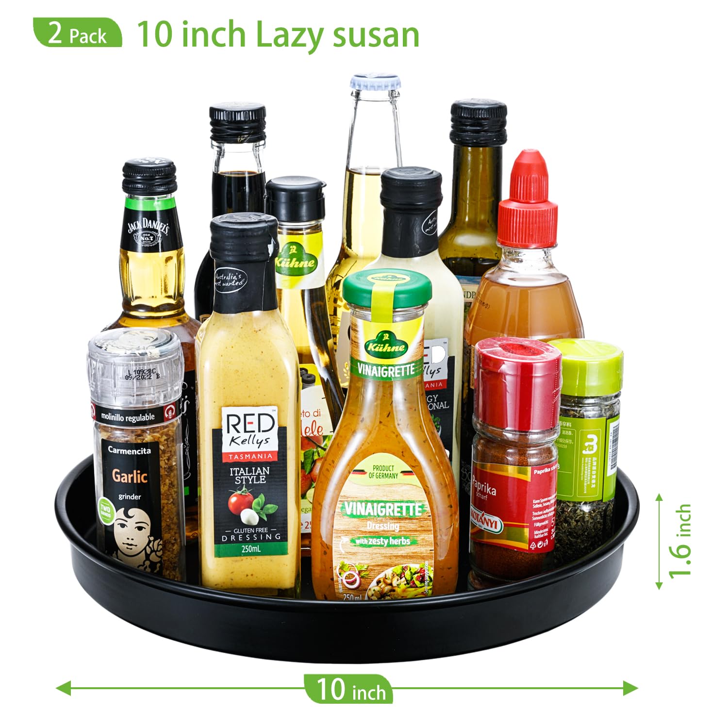 Amolliar 10" 2 Pack Lazy Susan, Non-Skid Rotating Metal Turntable Organizer for Cabinet, Kitchen, Fridge, Pantry Storage, Vanity, Bathroom, Spice Rack for Condiment Organizer, Farmhouse Decor, Black