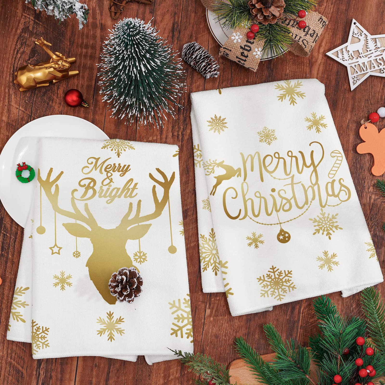 AnyDesign Christmas Kitchen Towel Gold Snowflake Reindeer Dish Towel 18 x 28 Inch Let It Snow Hand Drying Tea Towel for Cooking Baking, Set of 4