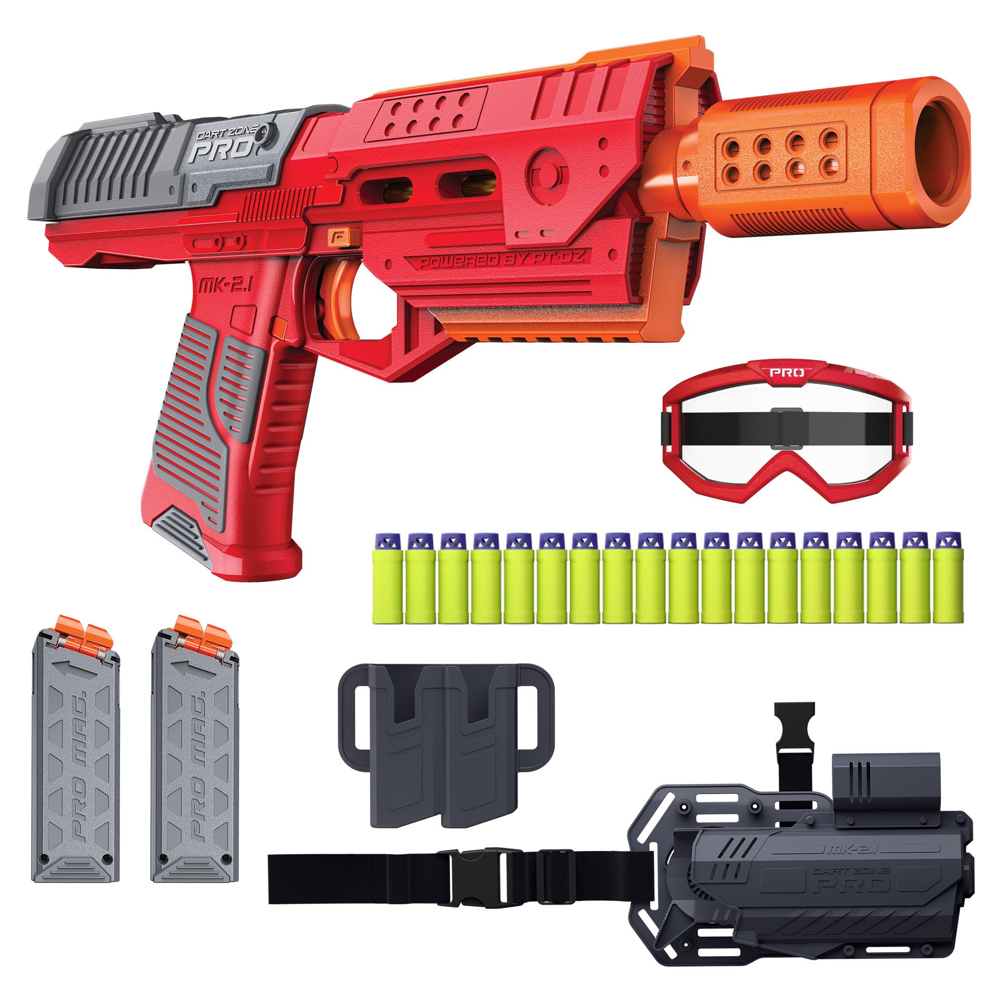 DART ZONE Pro-Series MK-2.1 Foam Dart Blaster ā 150 FPS Foam Dart Gun for Adults ā Soft Bullet Toy Gun for Ages 14+ ā 18 Half Length Darts, 3 Mags, Eyewear, Holsters ā Toy Pistol Blaster, 125 ft Range