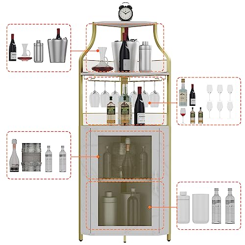 Amyove Corner Wine Bar Rack Cabinet with Detachable Wine Rack, Bar Cabinet with Glass Holder, Small Sideboard and Buffet Cabinet with Mesh Door,Gold