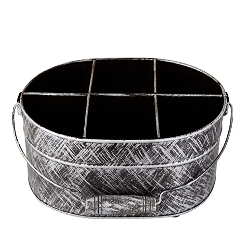 Black & Silver Metalic Caddy Plain 10.5 x 8 x 5 - Galvanized Metal Organizer for Kitchen Counter - Comfortable Wooden Handle /Indoor/Outdoor Storage For Flatware, Condiments, Party Cutlery, Arts