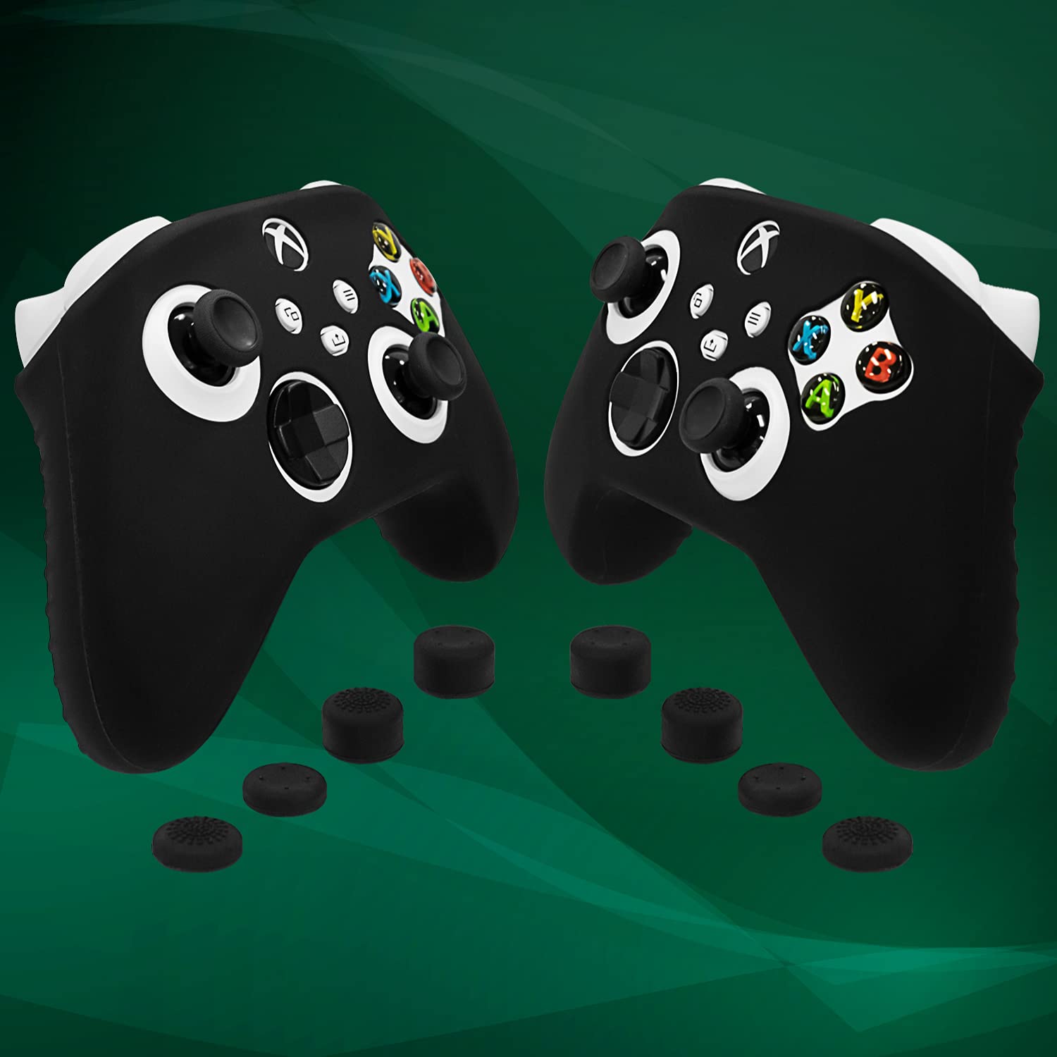 Fosmon Non-Slip Skin Protective Case Cover Compatible with Xbox Series X/S Controller (2 Pack - Black), Sweat Proof Silicone Rubber Gel Skin with 8 Thumb Grips Analog Cap