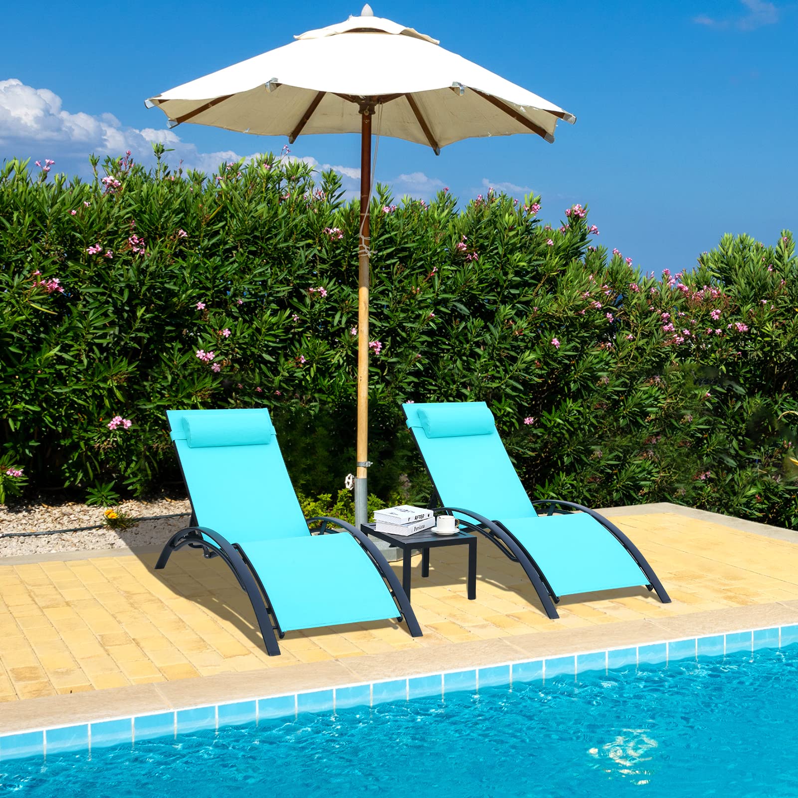 AthLike 3 pcs Poolchairs Patio Chaise Lounge Set with Headrest, 5-Level Adjustable Sunbathing Tanning Poolside Recliner Chairs with Side Table for Outdoor Beach (Black)