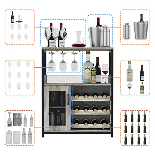 Amyove Wine Bar Cabinet with Detachable Rack, Glass Holder, Small Sideboard and Buffet Mesh Door, Grey