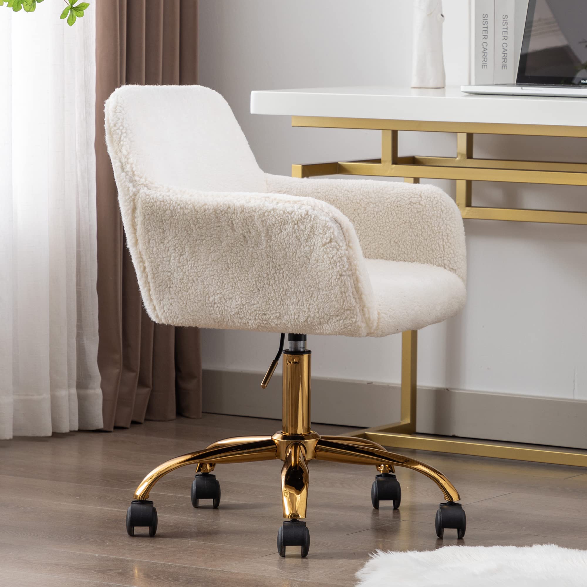 KCC Faux Fur Office Desk Chair, Comfy Swivel Armchair with Wheels, Upholstered Fuzzy Vanity Chair, Adjustable Height, White