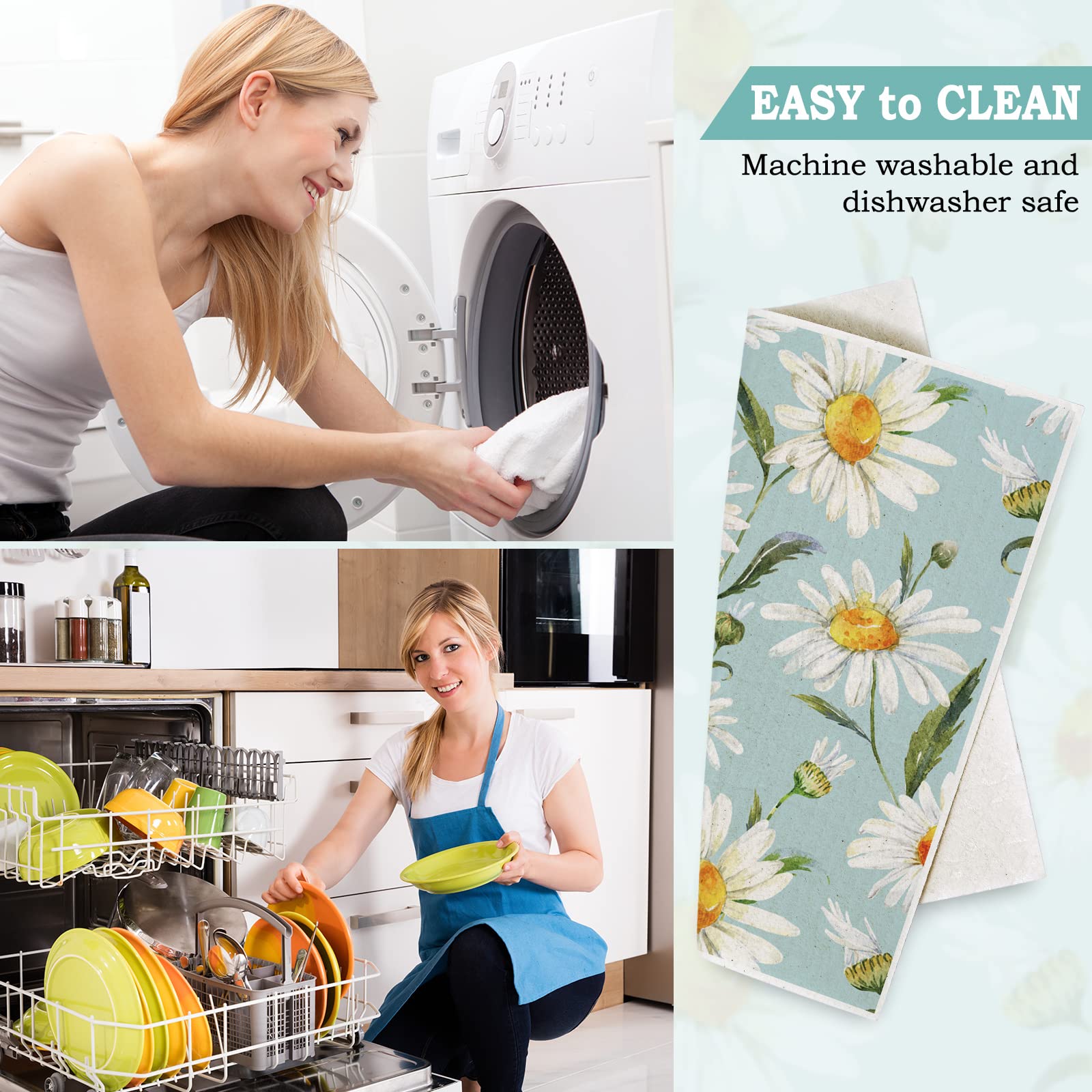 AnyDesign Daisy Flower Swedish Kitchen Dishcloth Blue Spring Summer Floral Kitchen Towel Daisy Stripes Cotton Absorbent Dish Towel for Housewarming Cleaning Wipes, 6Pcs, 7 x 8 Inch