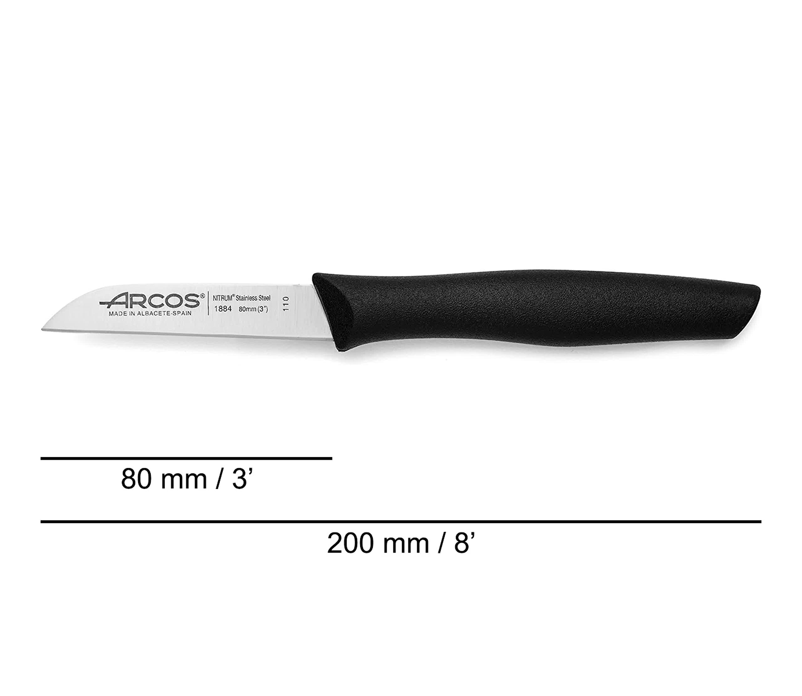 ARCOS Paring knife 3 inches Nitrum Stainless Steel.Paring Knife for Peeling Fruits and Vegetables. Ergonomic Polypropylene Handle and blade 80 mm. Innovation, Elegance. Series Nova. Color Black.