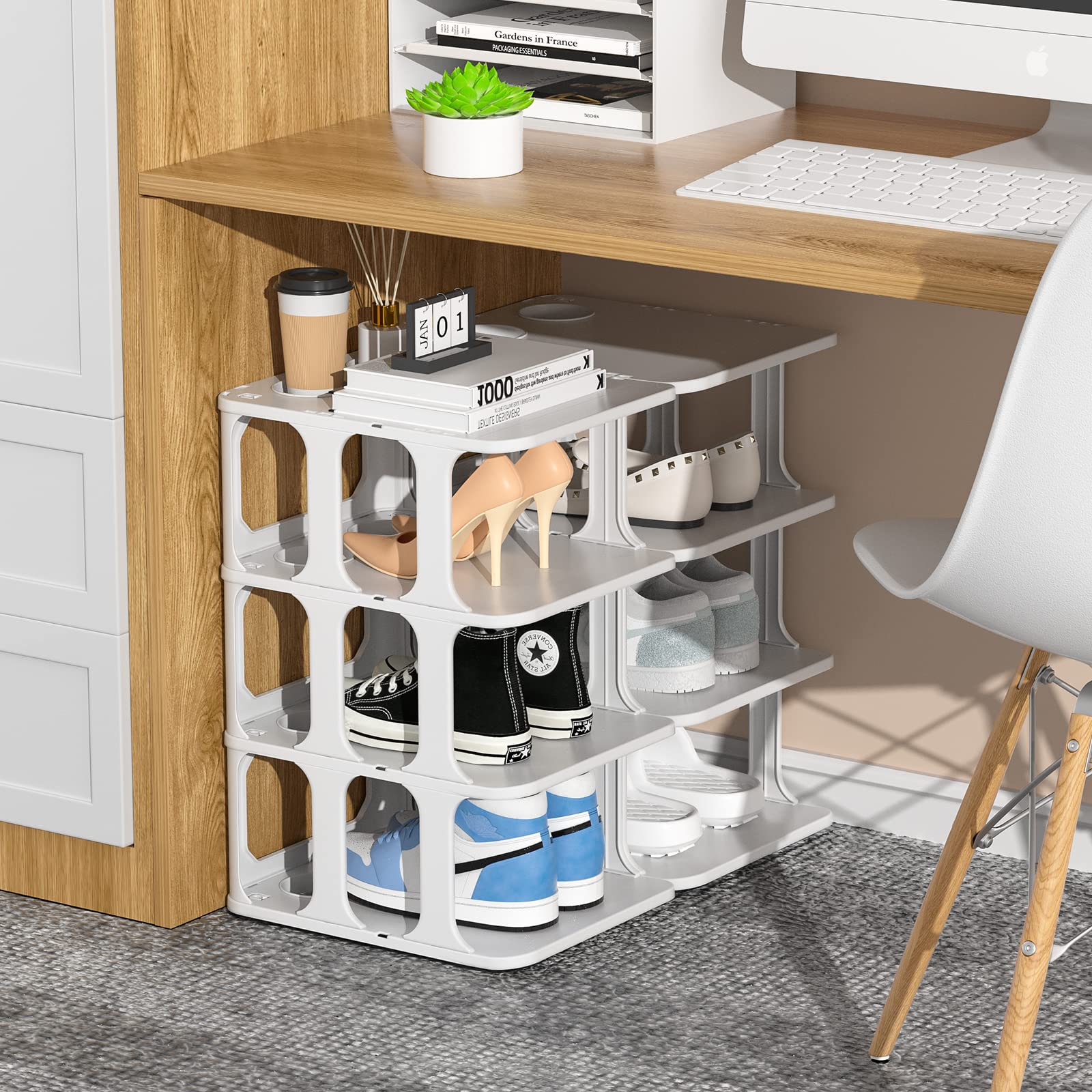 White Bamboo Shoe Rack for Small Spaces 6 Tier Tall Vertical Narrow Rack for Closet Stackable Shoe Holder, Stand for Entryway Storage Shoe Organizer Slim Shoe Shelf