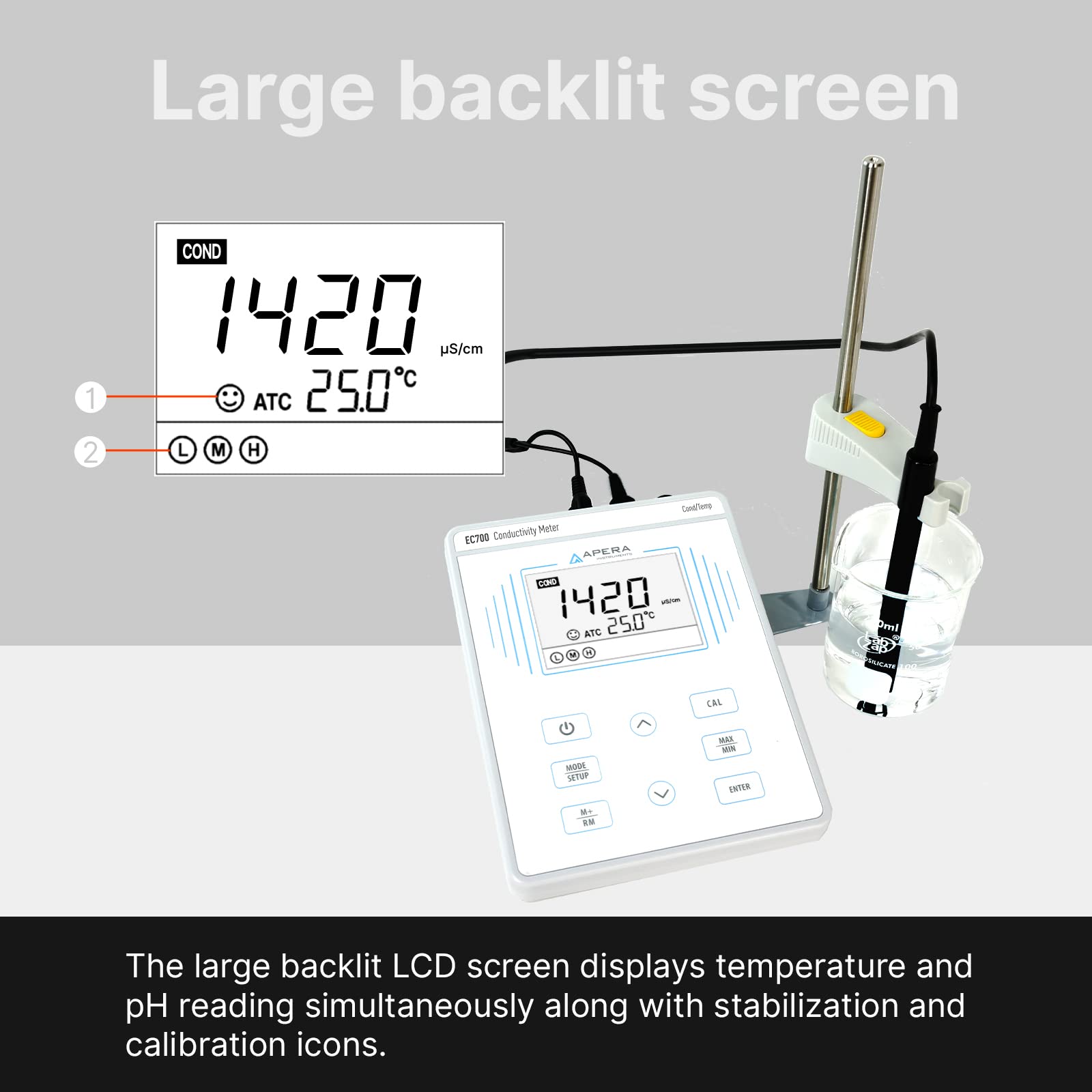 Apera Instruments AI502 EC700 Benchtop Lab Conductivity/Temperature Meter, Plastic, 1% F.S Accuracy, 0-200.0 mS/cm Range, 1-4 Points Auto Calibration