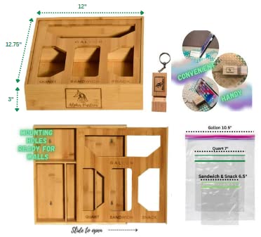 Alpha Kurtisa Bamboo Ziplock Bag Organizer for Kitchen-Walls-Drawers-Can fit Ziplock bags like Gallon-Snack-Sandwich-Quart. Includes Keyholder with Cellphone stand (Natural)