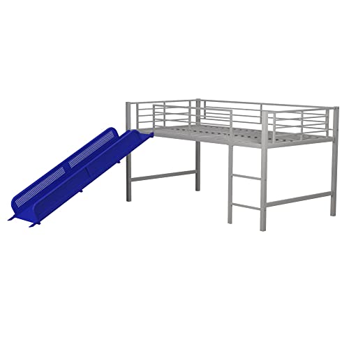 DHP Junior Twin Metal Loft Bed with Slide, Multifunctional Design, Silver with Blue Slide
