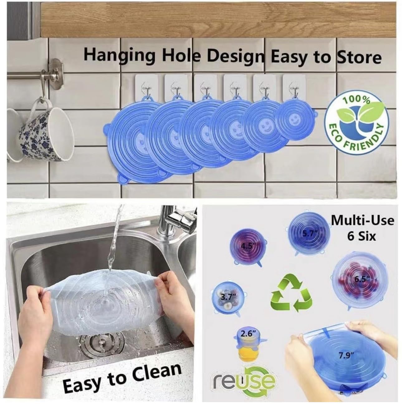 TraCol Reusable Silicone Stretch Lids, 12 Pcs Silicone Lids, 6 different Sizes BPA-free Silicone Bowl Covers for Cups, Bowls and Dish, Flexible, Round and Rectangle Fit 2.5" - 8.5β Container, Blue