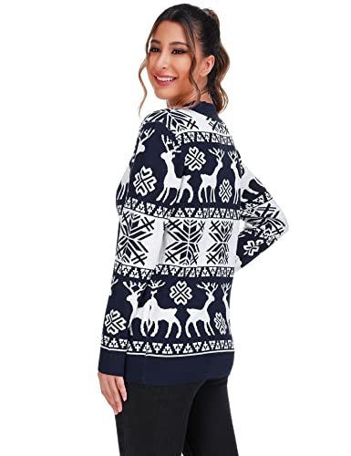 Cowasto Women's Reindeer Knitted Christmas Cardigan Sweater Comfy Button Up Casual Open Front Festive Sweaters Navy Blue X-Large