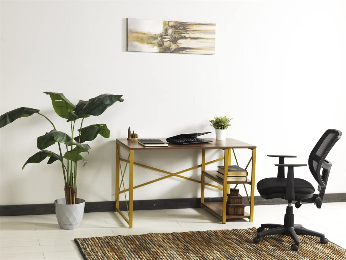 LLS Computer Desk, Work Table Writing Desk Gaming Table Workstation with 47" Wooden Top & 2 Shelves, Writing Sturdy Table Computer Desk with Gold Metal Frame for Home Office Furnish Store, Brown