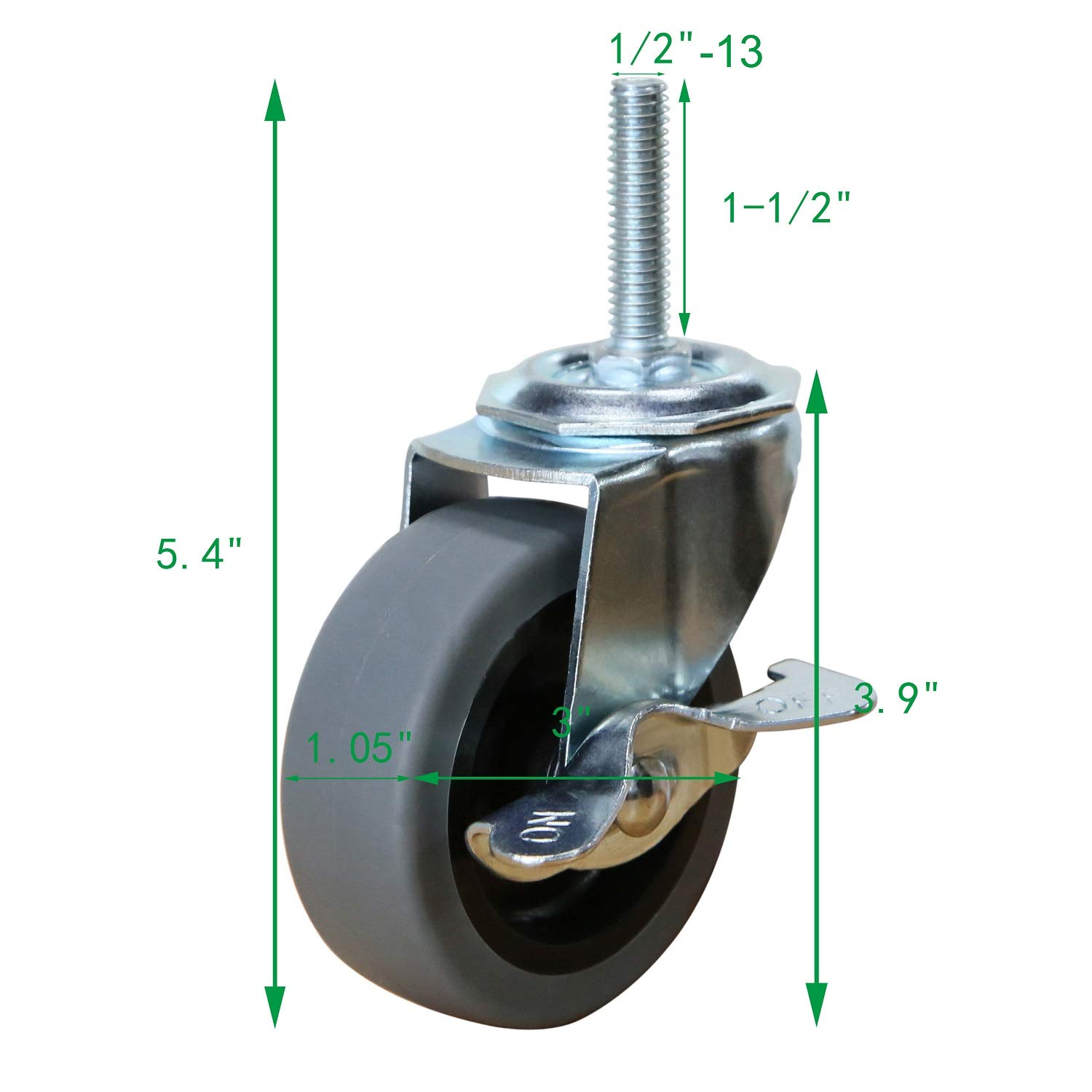 AAGUT Caster Wheels, 3 Inch Rubber Heavy Duty 1/2"-13 x 1-1/2" Threaded Stem Castors, Locking Brake Swivel Wheel, Replacement for Carts Dolly Workbench Trolley, Set of 4