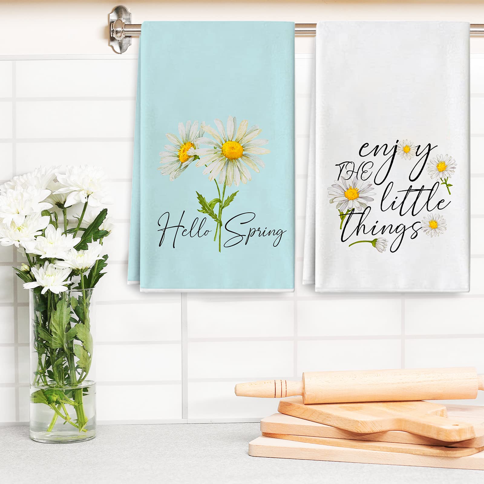 AnyDesign Spring Kitchen Dish Towel Daisy Flower Dishcloth Rustic Blue White Floral Hand Drying Tea Towel for Cooking Baking Cleaning Wipes Supplies, 18 x 28 Inch, Set of 4