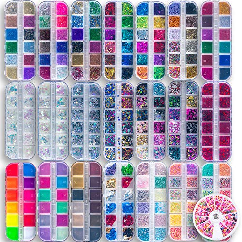 Iridescent Glitters, Holographic Sequins, Laser Flakes, Foil Chips, Beads, Mirror Chrome Pigment Powders, Resin Jewelry Making Kit Art Craft Supplies Pack of 22-Box 264 Designs