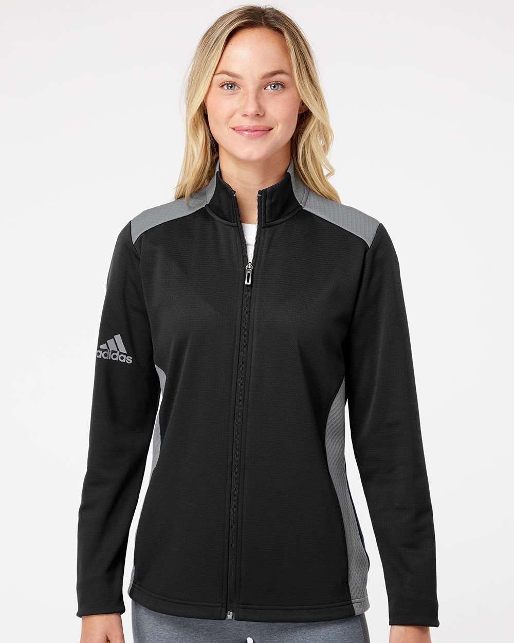adidas Womens Textured Mixed Media Full-Zip Jacket, 2XL, Grey Three/White