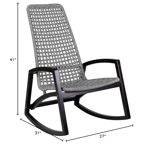 HomeStock Art Deco Dreams Outdoor Patio Rocking Chair in Dark Eucalyptus Wood and Grey Rope