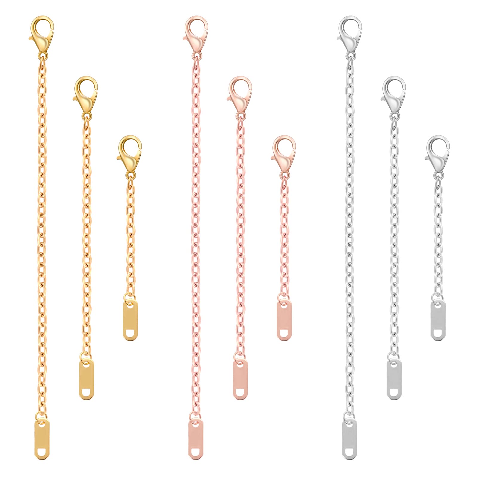 9 Pcs Necklace Extender, Chain Extenders for Necklaces, Delicate Stainless Steel Jewelry Chain Extenders for Bracelet Anklet Necklace (Gold/Silver/Rose Gold, 5/10/15cm)