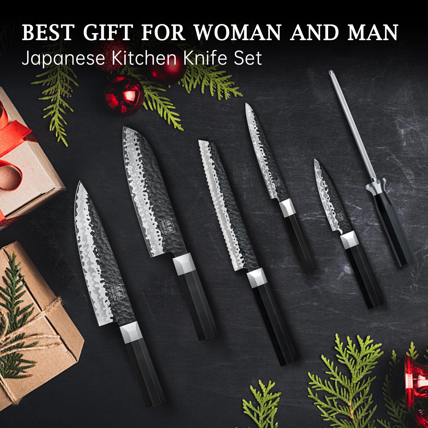SHAN ZU 7-Piece Japanese Knife Set - 7 Layers 9Cr18MoV High Carbon Steel Kitchen Knife Set with Block and Sharpener,Ultra-Sharp Chef Knife Set with G10 Handle
