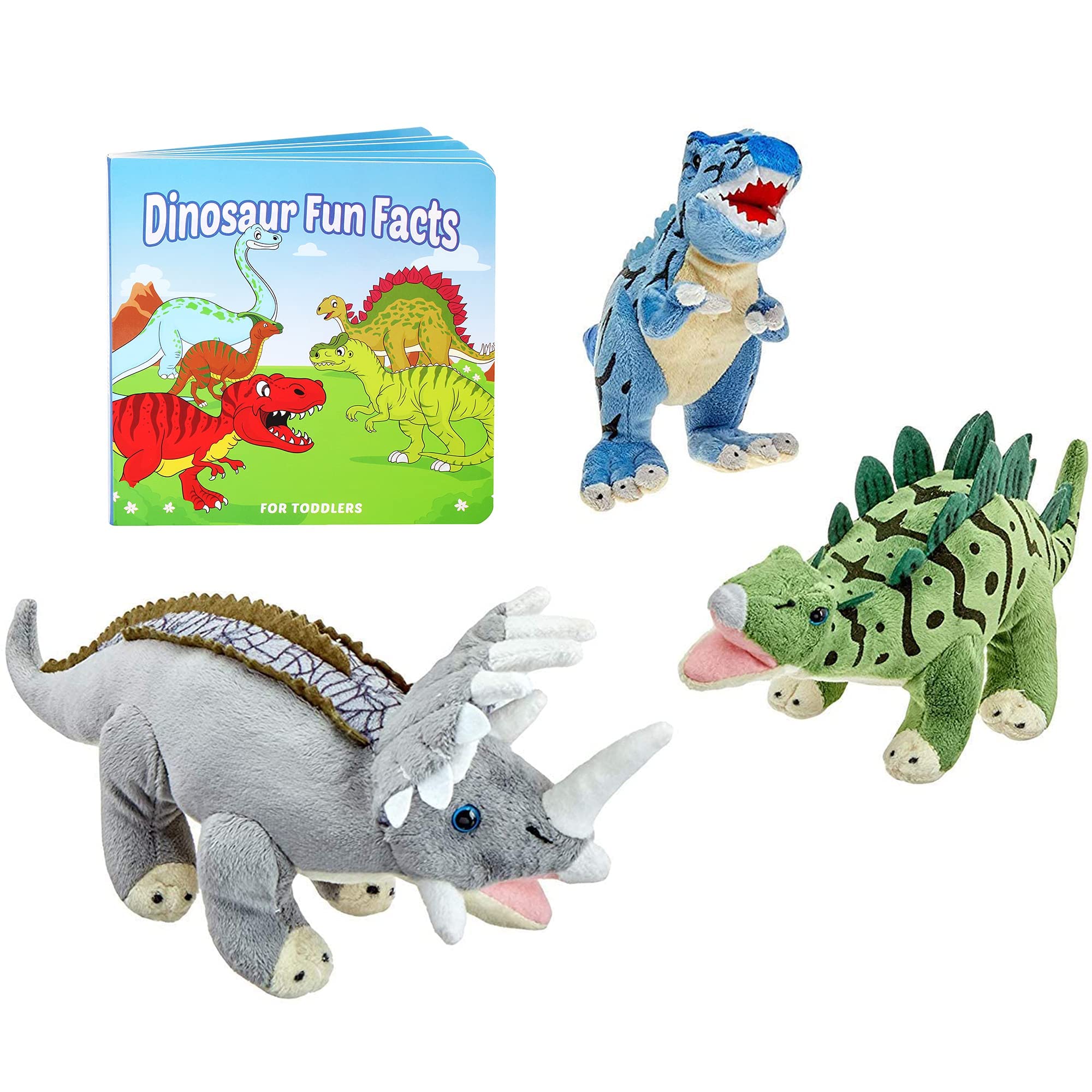 Dazmers Dino Stuffed Animals - 12 Inch Plush Toys with Board Book: Big Colorful Set for Toddlers Ages 1-3. Soft & Cuddly Dinosaur Gift - T-Rex, Triceratops, Stegosaurus. Learn & Play
