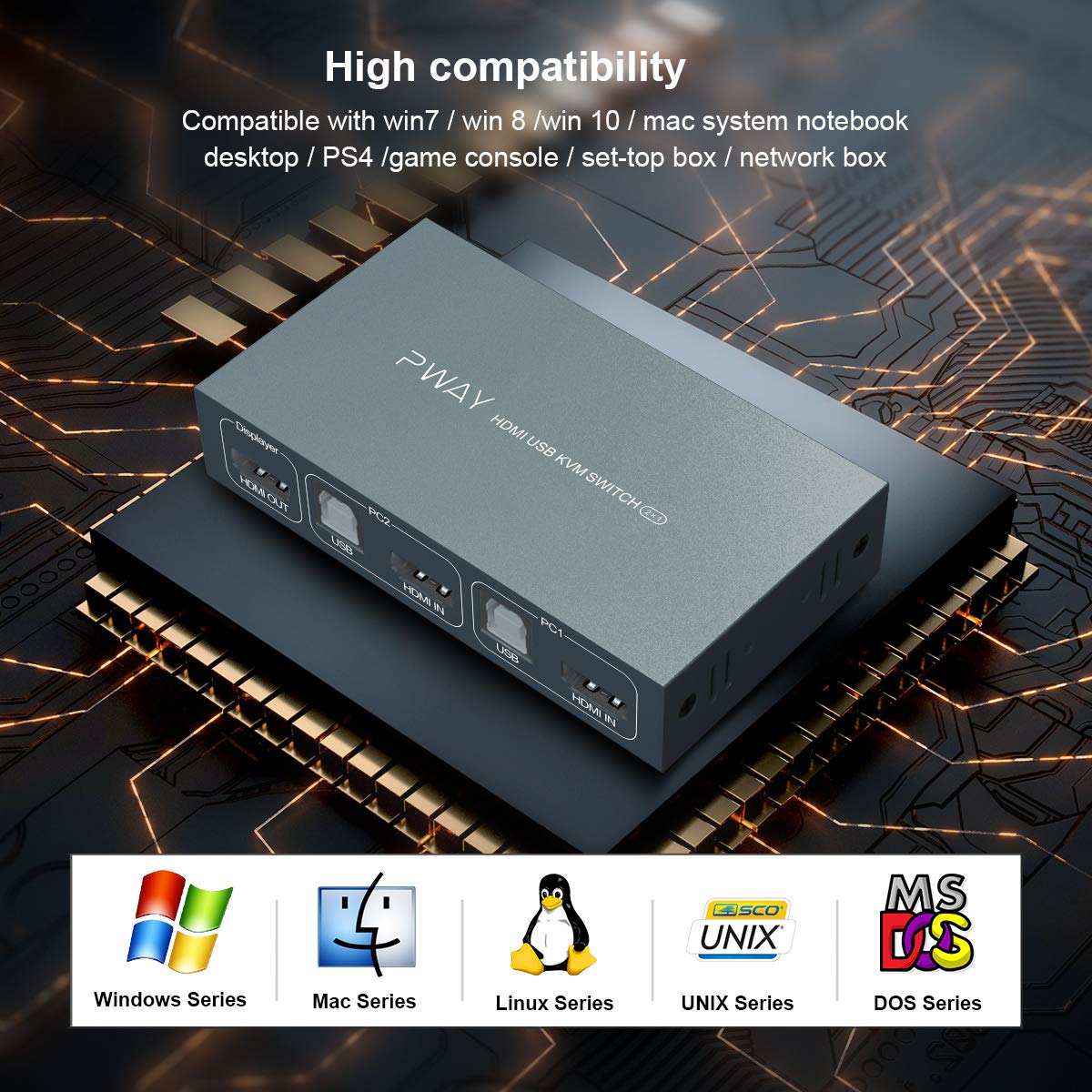 AAO 2X1 KVM Switch HDMI 4K 2 Port USB KVM Switch Box Supports Auto-scan, Hot-Key Switch for Netware, Dos, Linux, Unix and Windows 4K@30Hz with 2 Pcs 5ft USB Cables and HDMI Cables