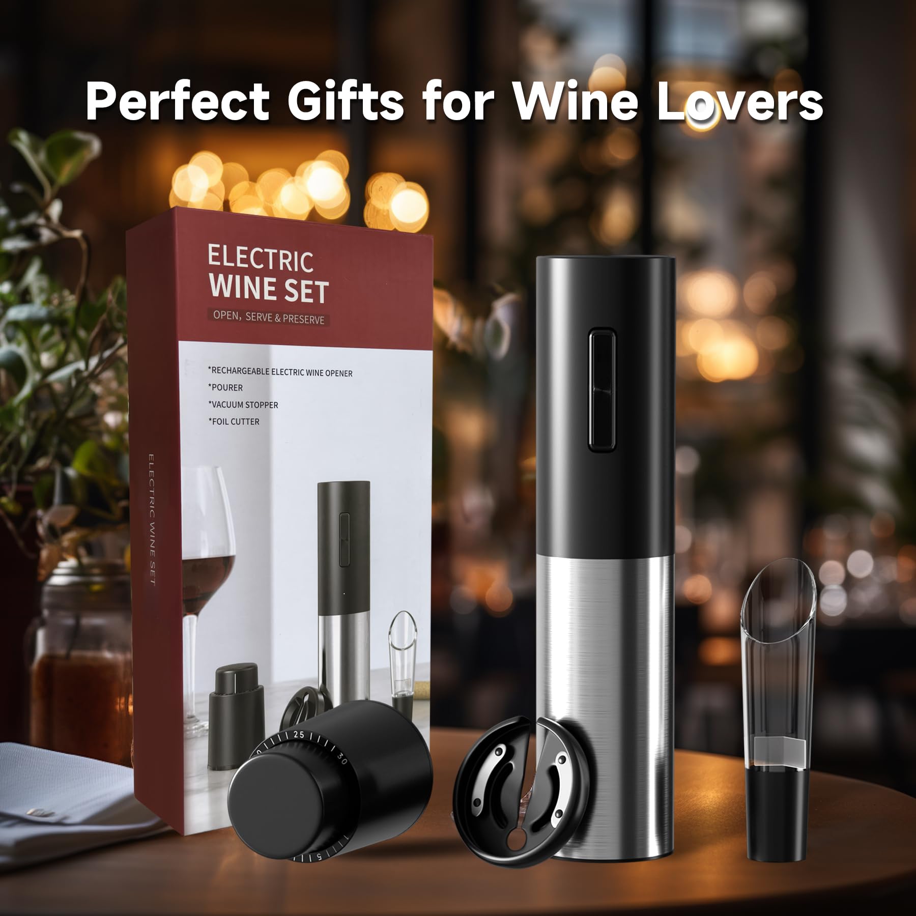 Electric Wine Opener, Automatic Wine Bottle Corkscrew with Air Pump, Foil Cutter, Pourer, Vacuum Stoppers (4PCS), Professional Easy Rechargeable Vino Opener Set Suitable for Home, Travel